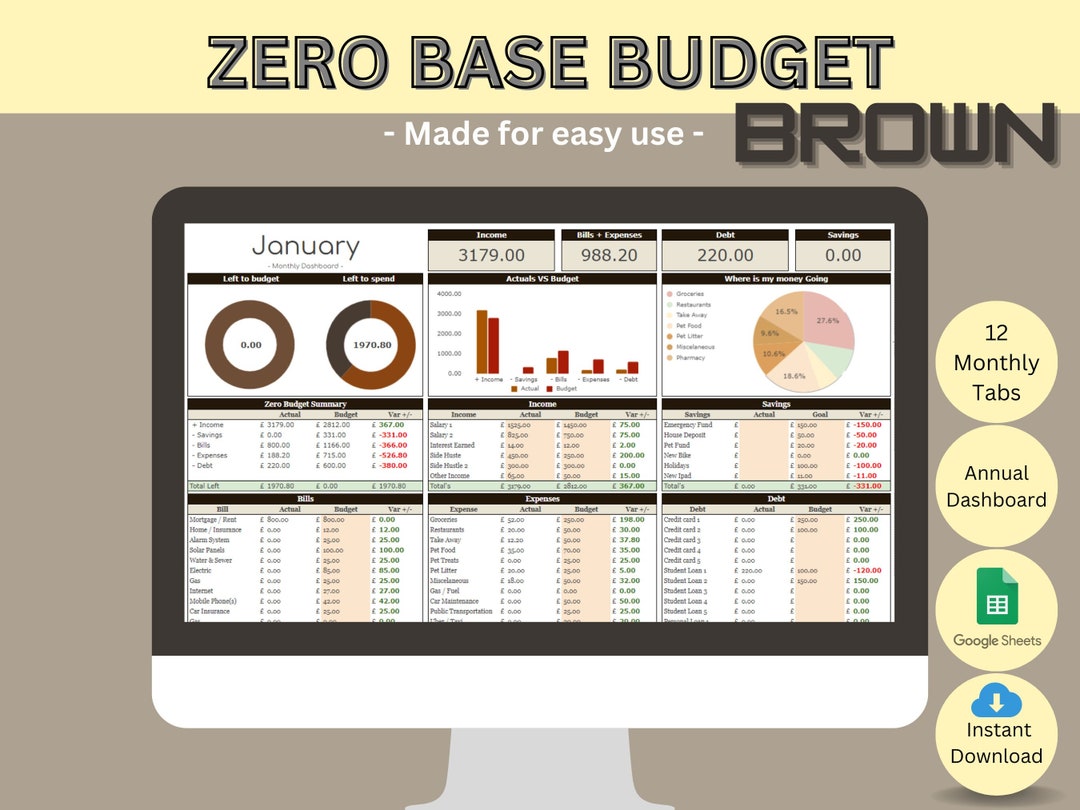 Zero-base Budget Brown Spreadsheet Template | Personal Finance Planner ...