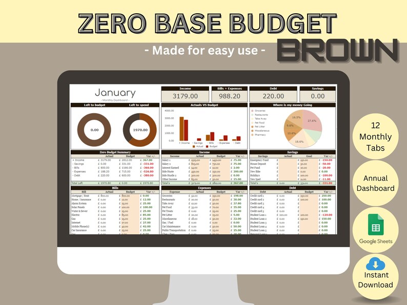 Zero-base Budget Brown Spreadsheet Template | Personal Finance Planner ...