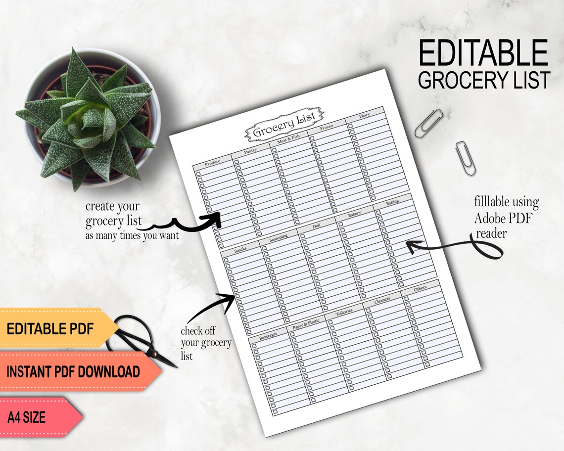 Editable Grocery List Printable, Shopping List Customized Grocery List ...