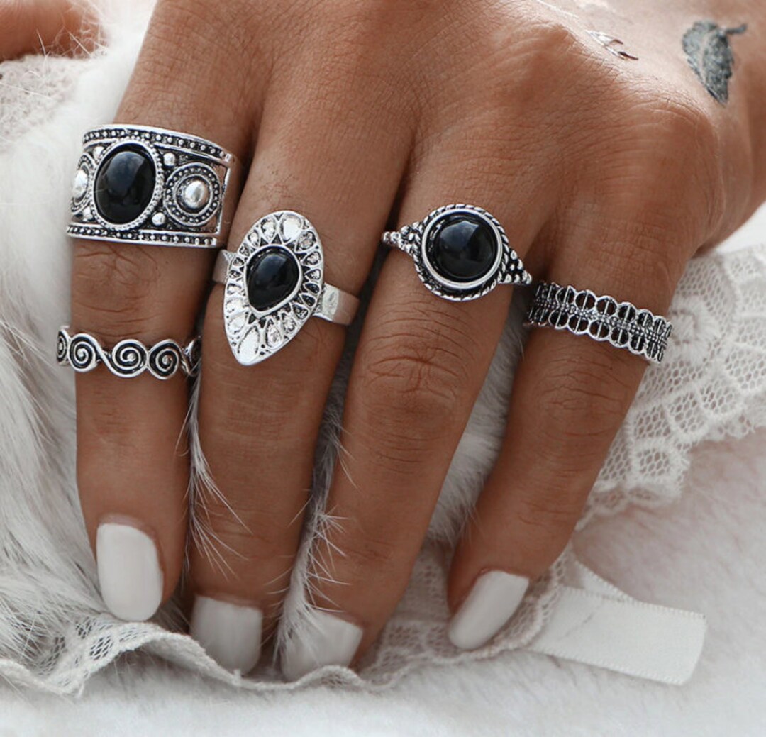 Boho Vintage Ring Set, Bohemian Ring Set, Midi Ring Set, Vintage Gold ...