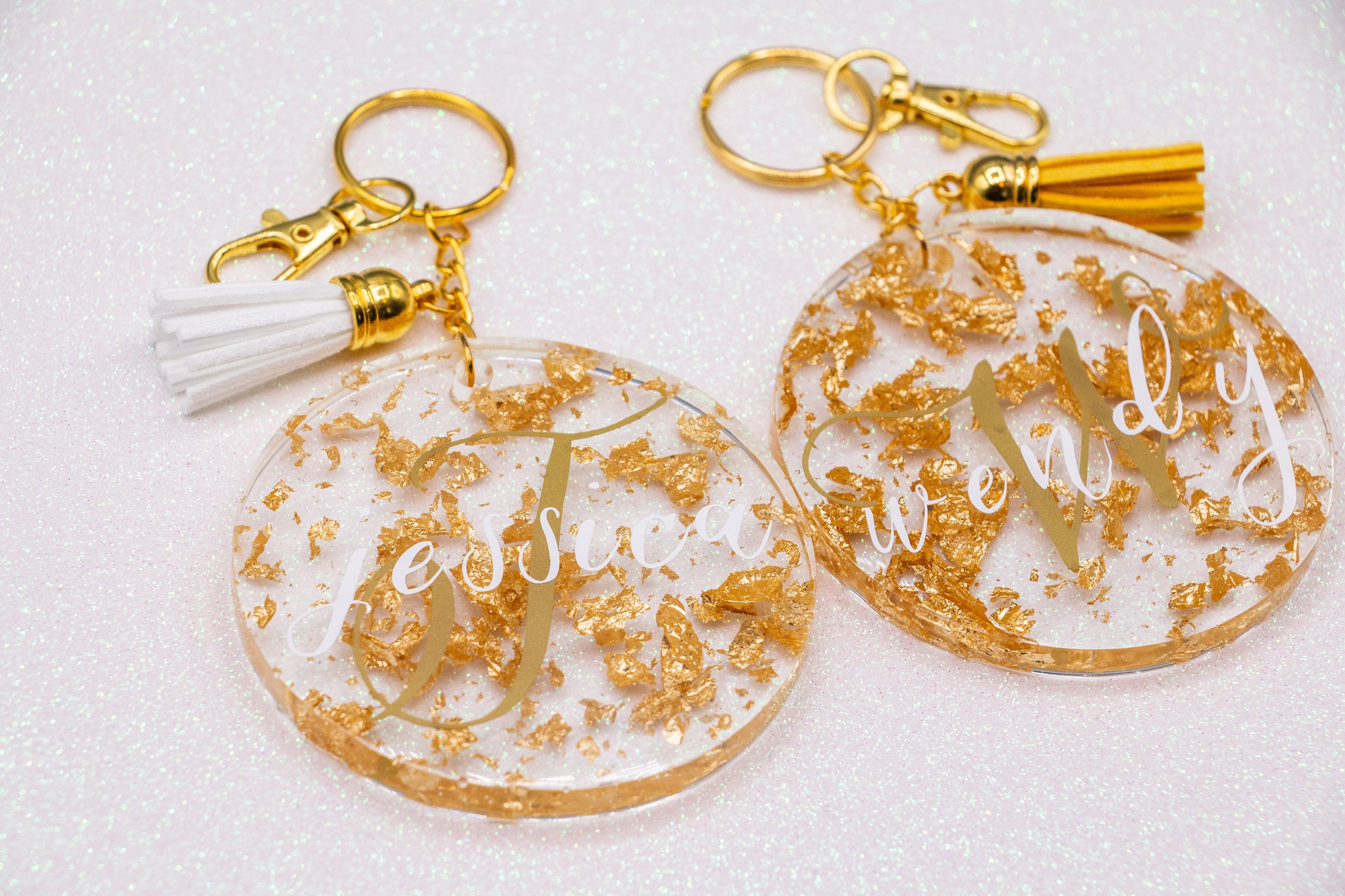 Personalised Resin Keyring, Large Round Gold/silver Foil Handmade Resin ...