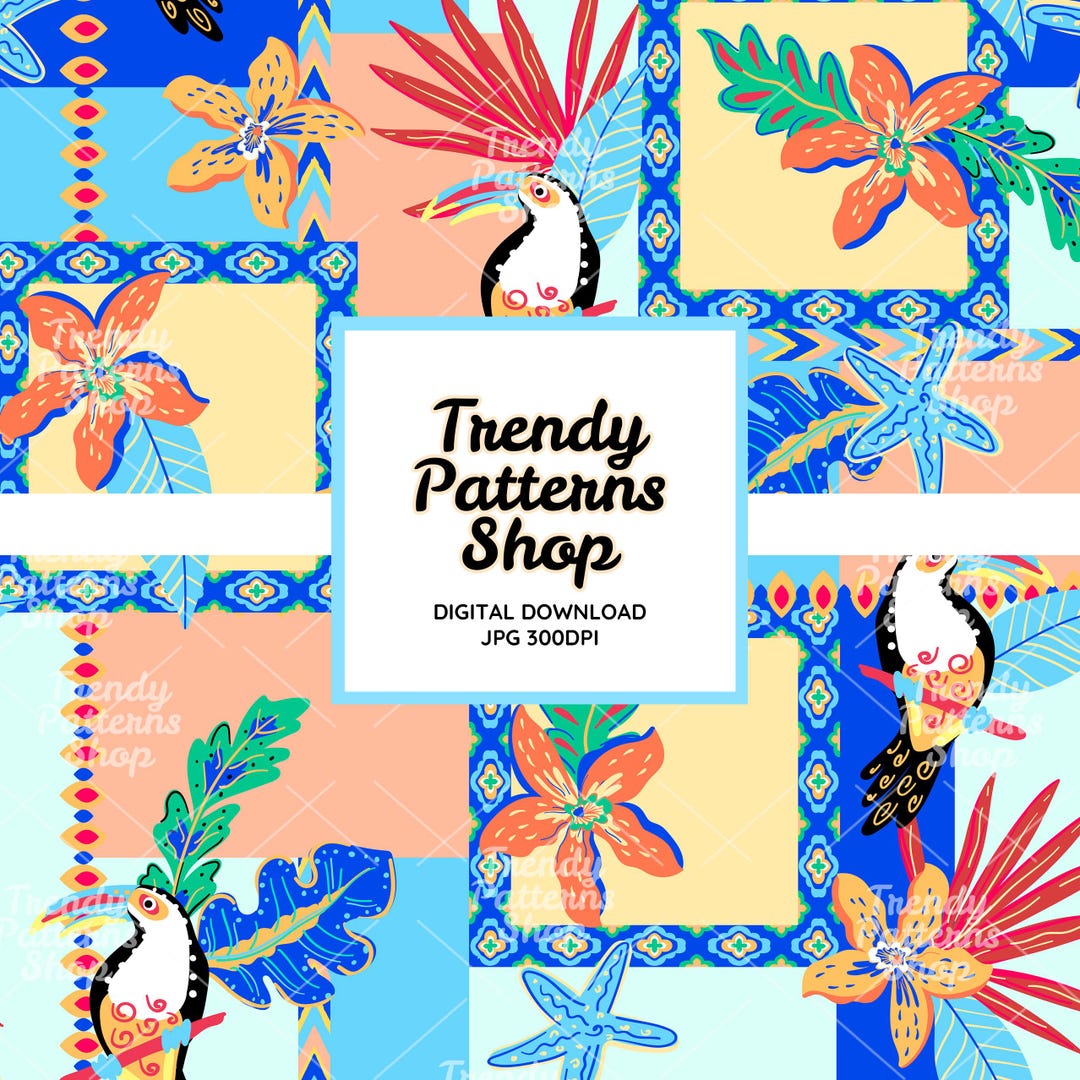 Tropical Paradise Postcards: Toucan & Flowers Seamless Pattern, Summer ...