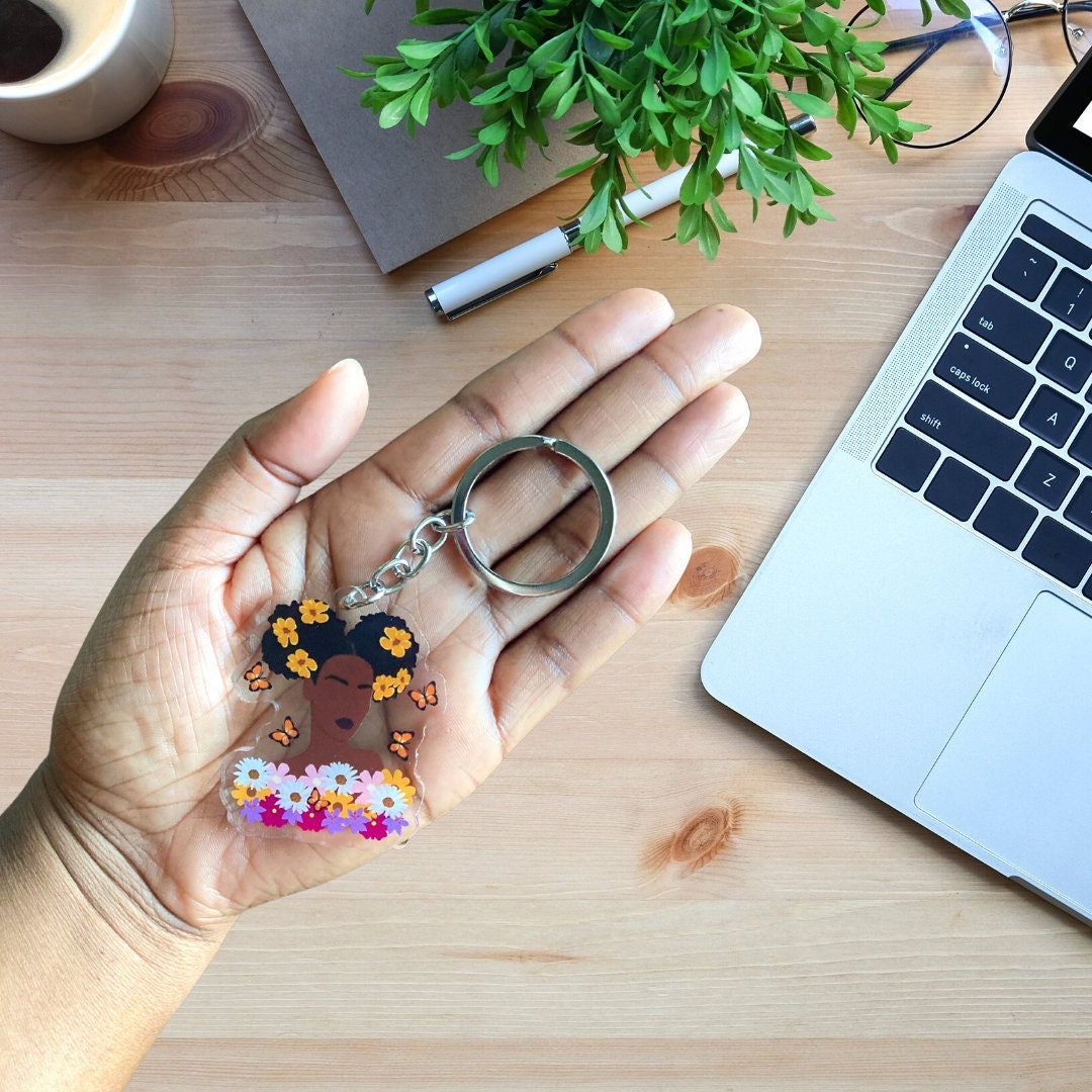 Butterflies and Buns Acrylic Keychain, Black Girl Acrylic Keychain ...