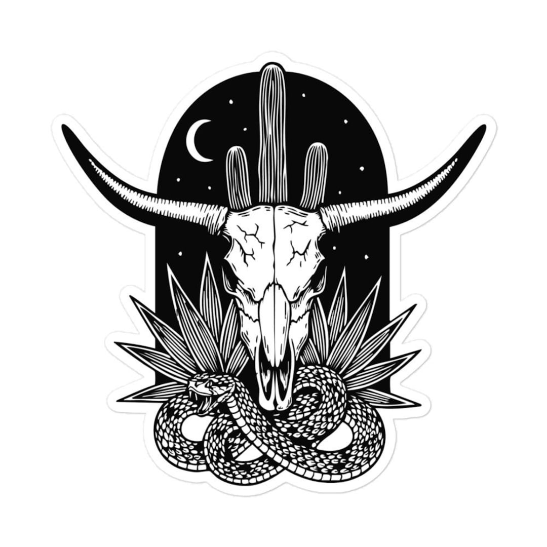 Linocut Longhorn Skull & Rattlesnake Sticker | Western Gothic Vinyl ...