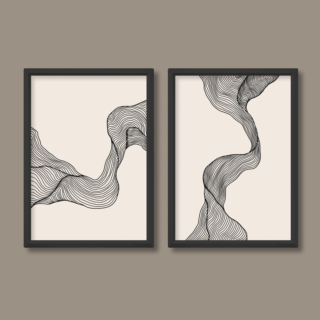 Abstract Neutral Tone Wave Line Art Print Set of 2 | Scandinavian Boho ...