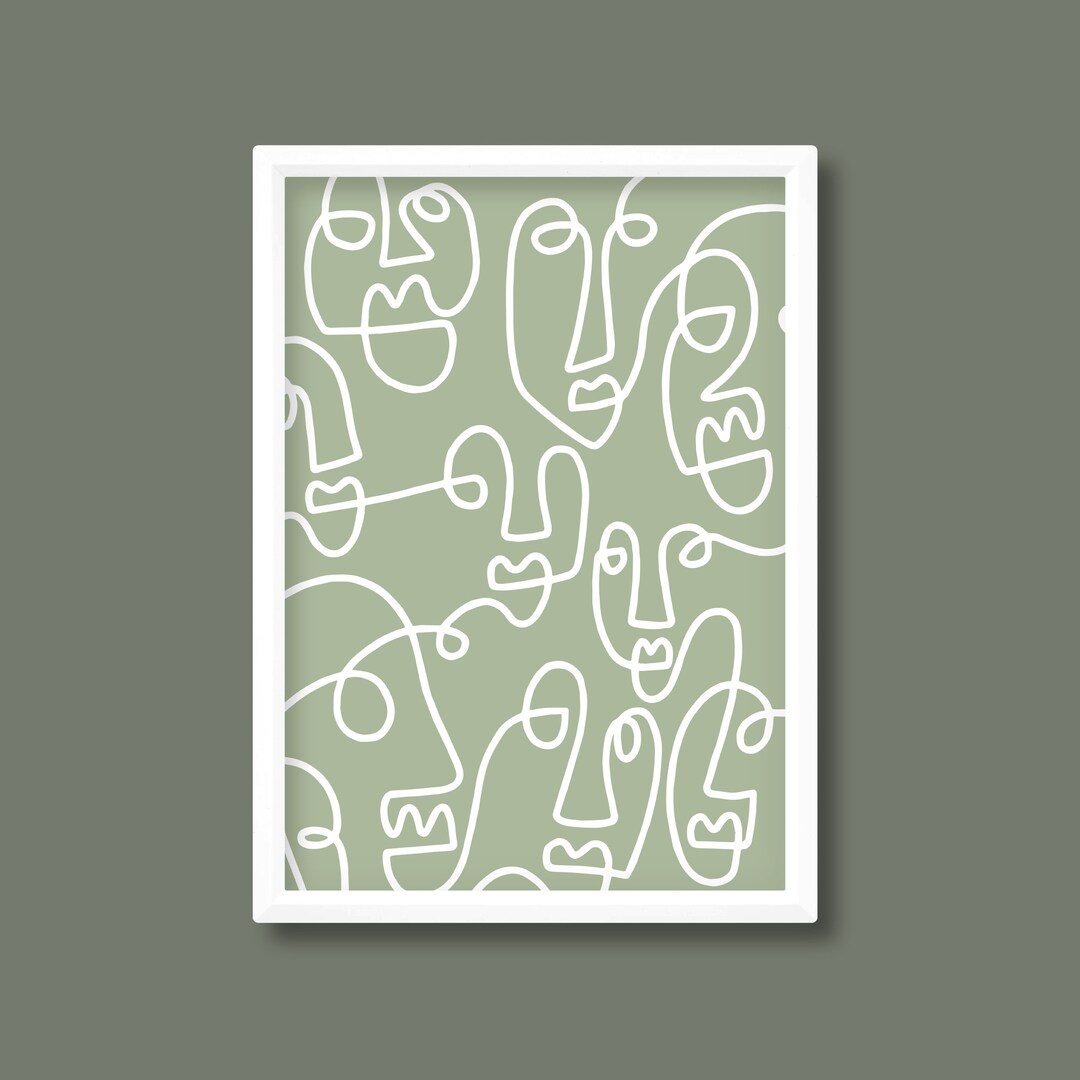 Abstract Sage Green Single Line Art Faces | Scandinavian Contemporary ...