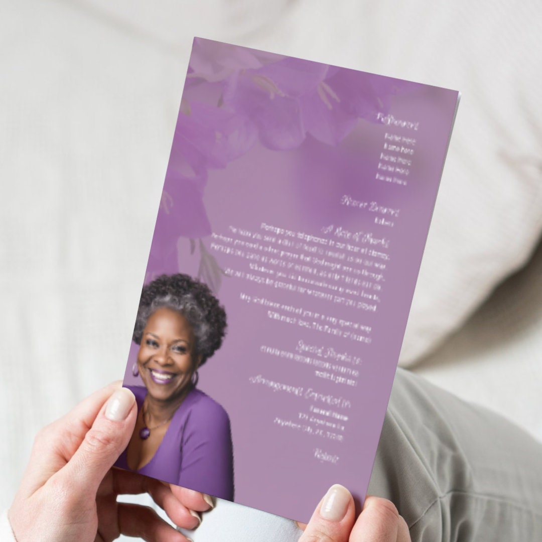 Elegant Purple Obituary Booklet Template - 8 Colorful Pages, Editable ...