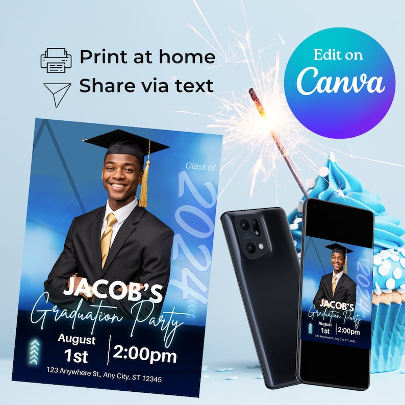 Blue Graduation Invitation: Class of 2024, Editable Template (digital ...