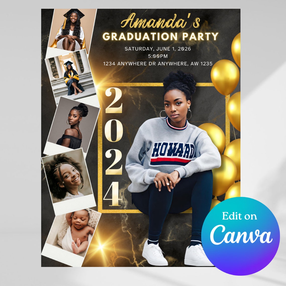 Black and Gold Flyer Template for Graduation/birthday Party - Digital ...