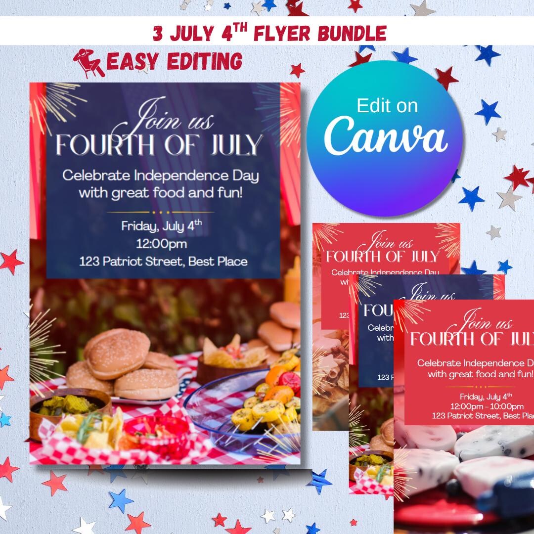 Bundle of 3 Fourth of July Flyer Templates | Editable Canva Designs for ...