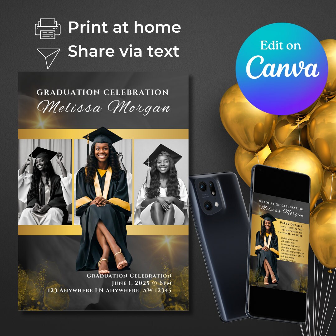 Chic Graduation Invitation Template Dual-sided, Editable in Canva ...