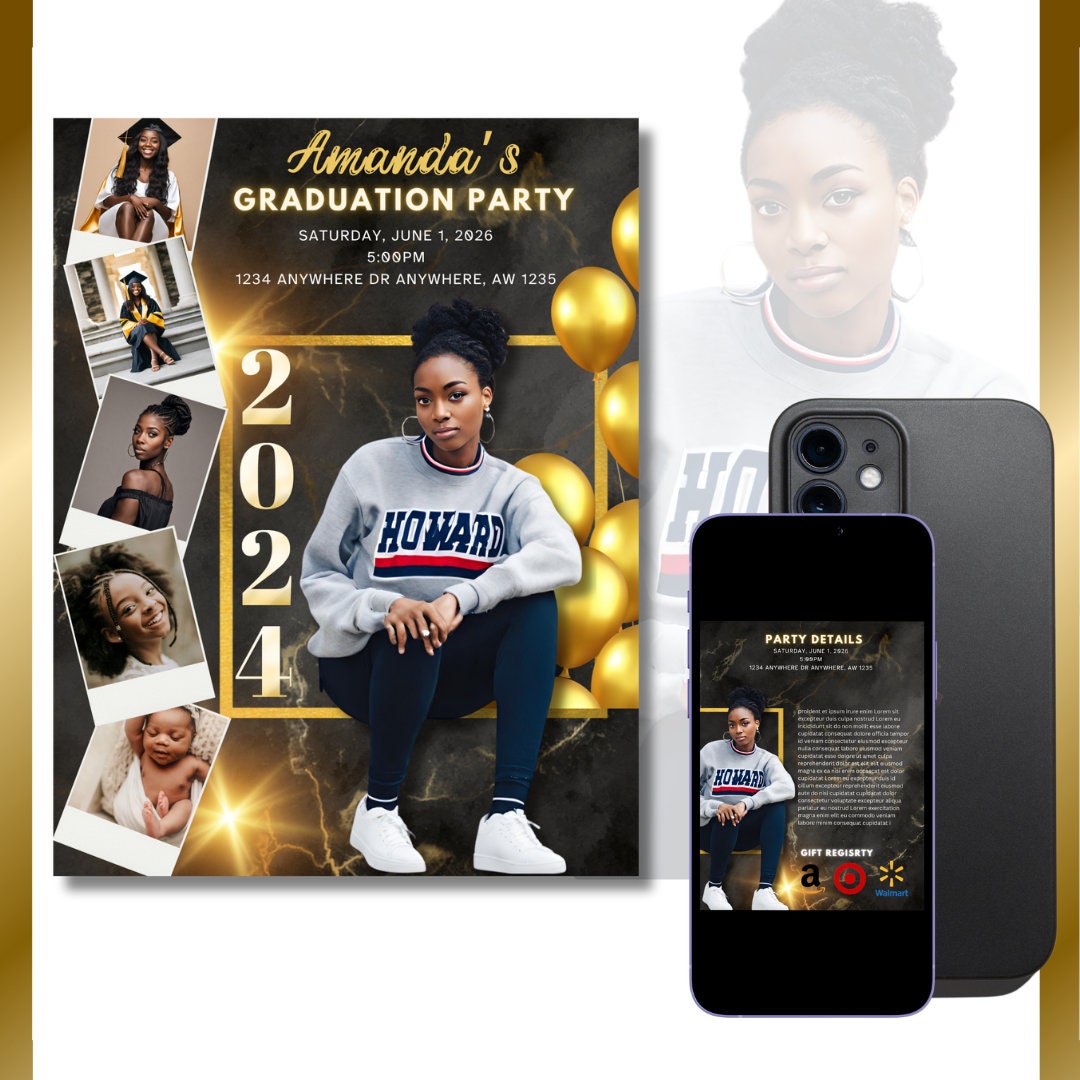 Black and Gold Flyer Template for Graduation/birthday Party - Digital ...