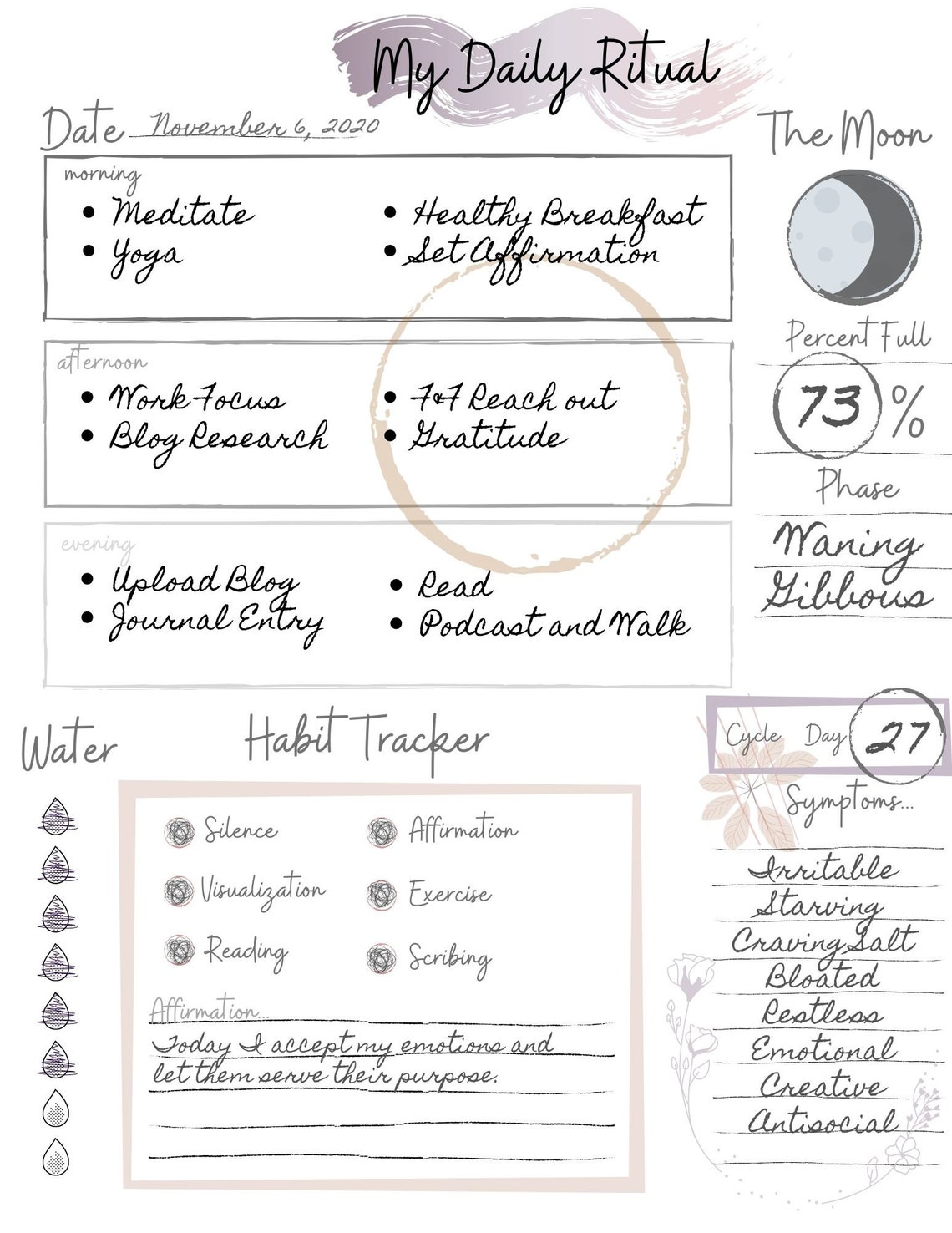 Daily Ritual Printable With Moon Phase and Cycle Tracker - Etsy
