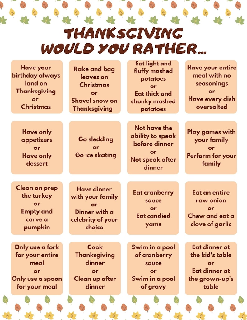 Thanksgiving Would You Rather - Digital Print - Holiday Activity ...