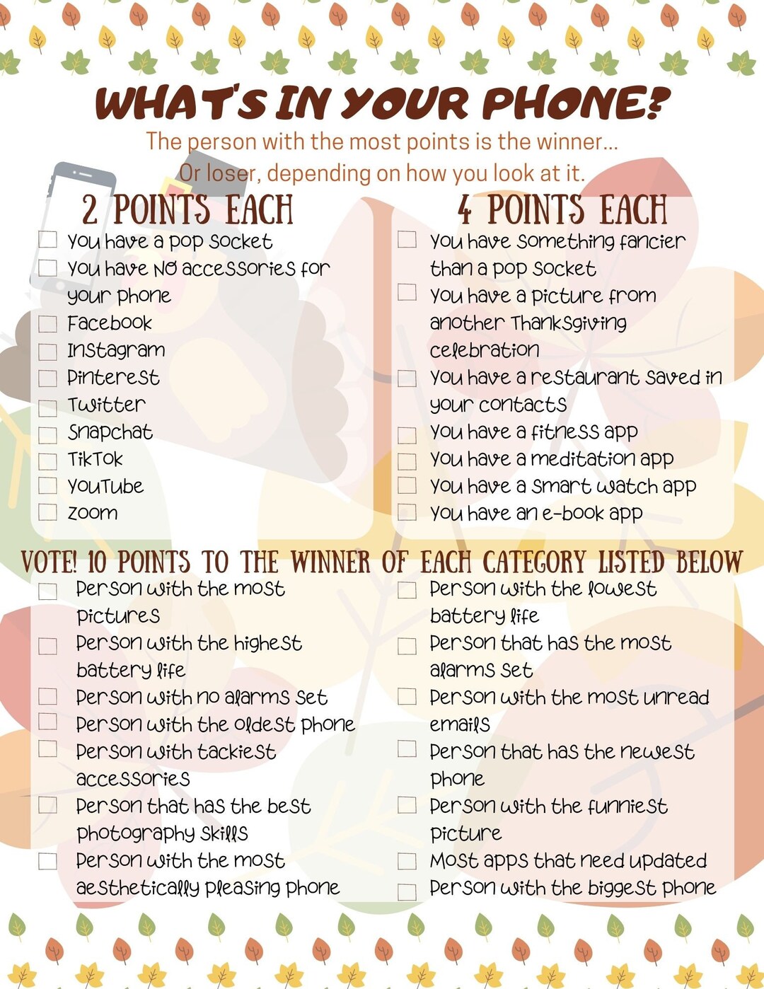 Thanksgiving What's in Your Phone Game - Friendsgiving Game - Printable ...