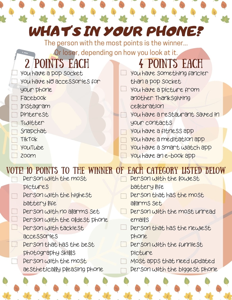 Thanksgiving What's in Your Phone Game - Friendsgiving Game - Printable ...