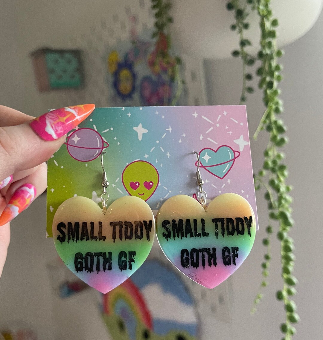 Small Tiddy Goth Gf Heart Earrings Clip Ons Available Rainbow Earrings Customiseable Lightweight