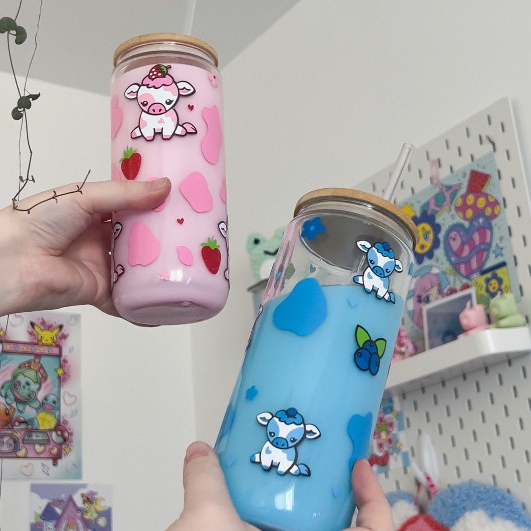 FRUIT COW GLASS | Milkglobe Libbey Can Tumbler | Contains ‘blueberry Milk’ or ‘strawberry Milk ...