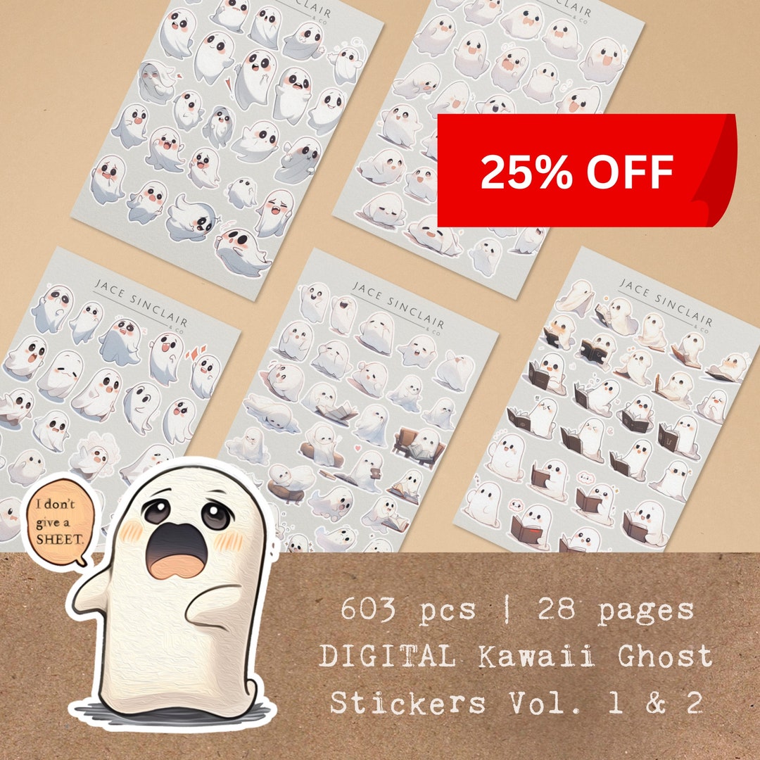 603 DIGITAL Kawaii Ghost Stickers Vol 1 & 2 - Ghost Halloween Stickers ...