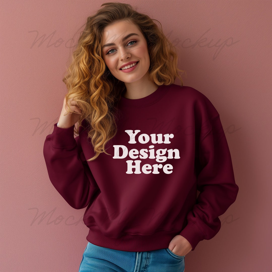Maroon Gildan 18000 Crewneck Sweatshirt Mockup, Female Model Sweater ...