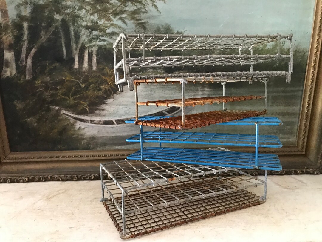 Antique Science Lab Stand Rack Test Tube Metal Mesh Scientific Botany ...