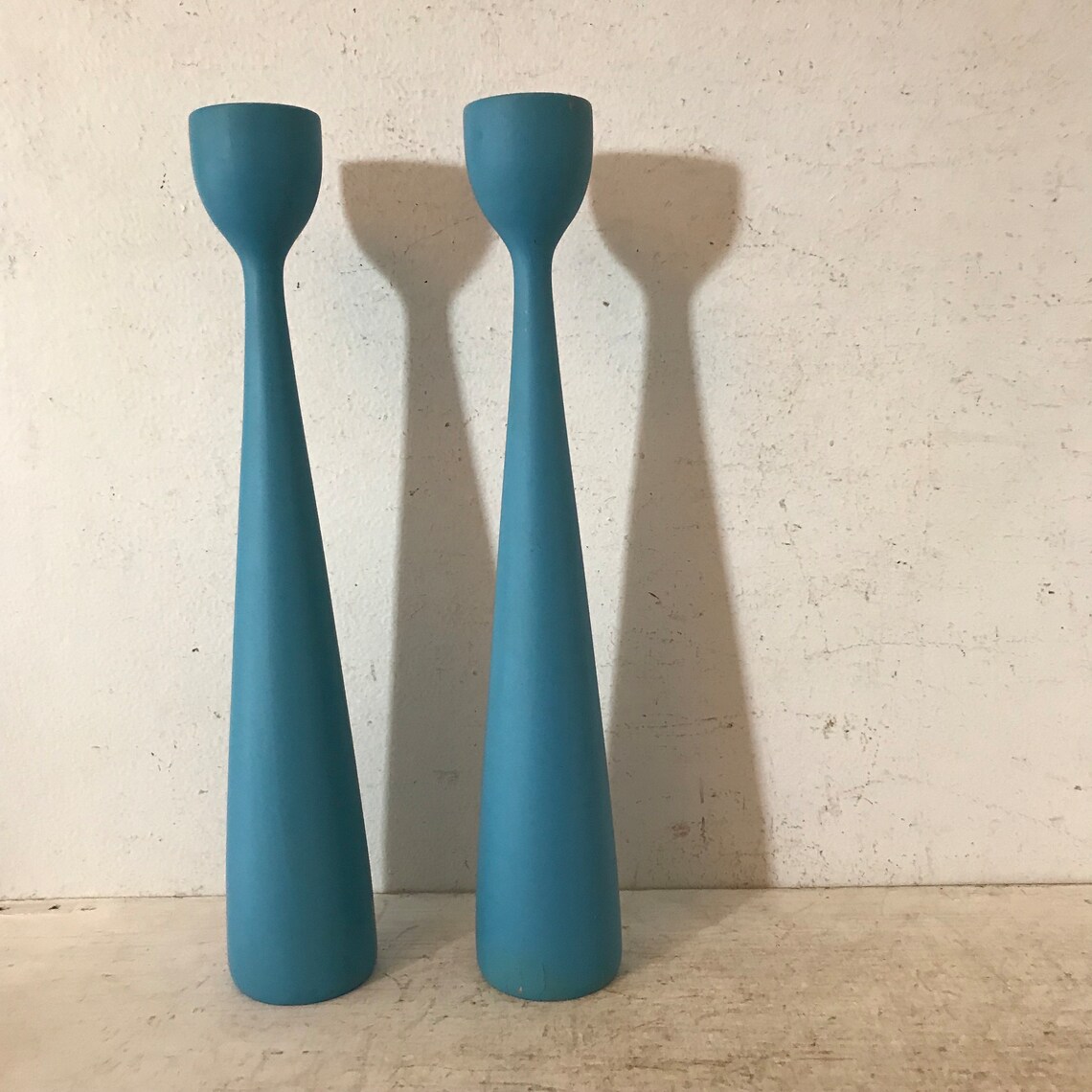 Antique Danish Candlesticks Painted Wood Blue Sculptural - Etsy