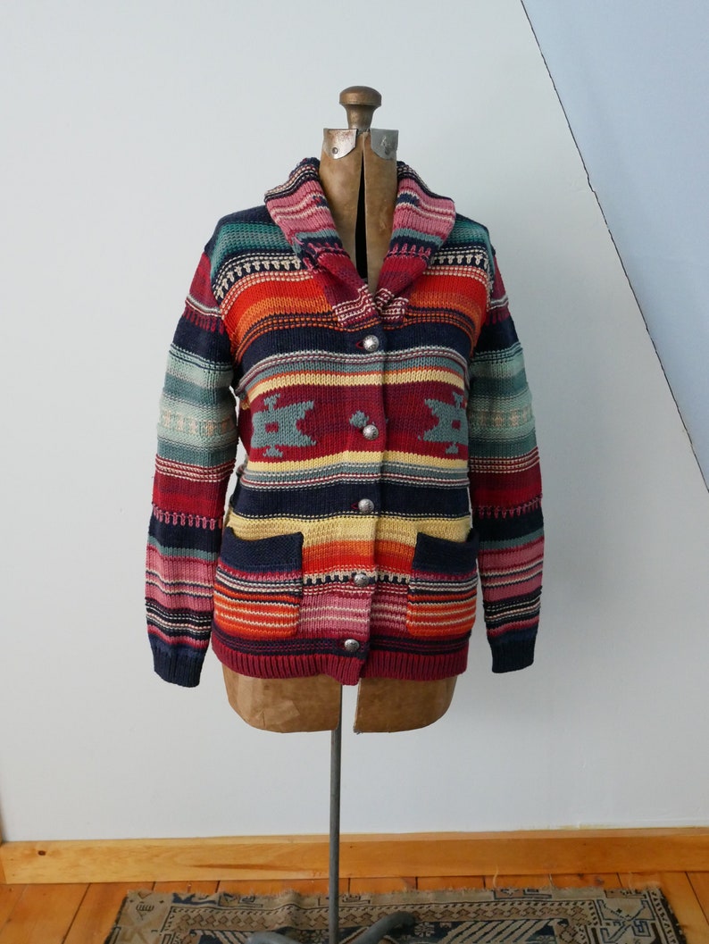Vintage Ralph Lauren Hand Knit Cardigan Sweater Coat Shawl Cotton ...