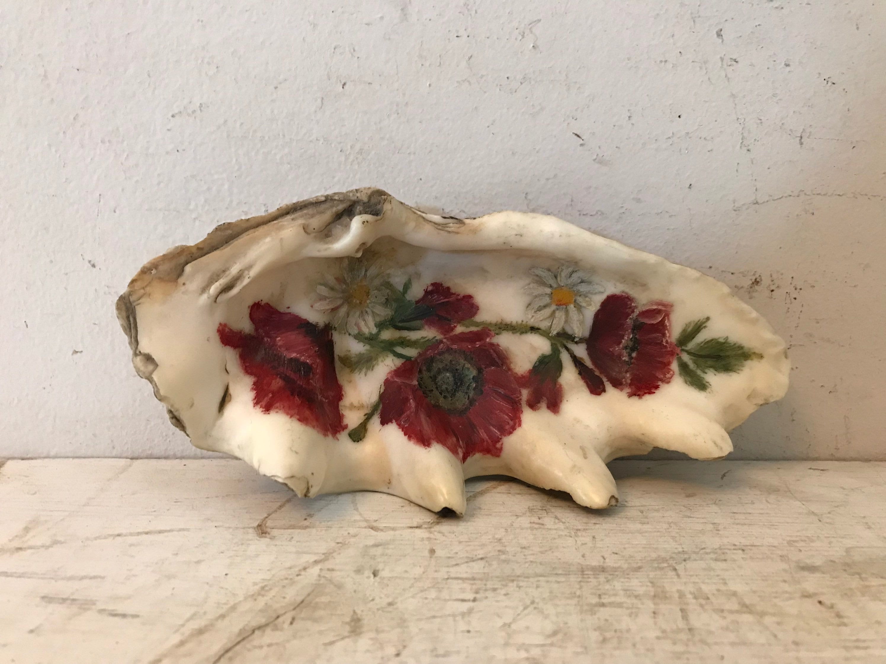 Antique Folk Art Clam Shell Painting Poppies Daisy Natural - Etsy
