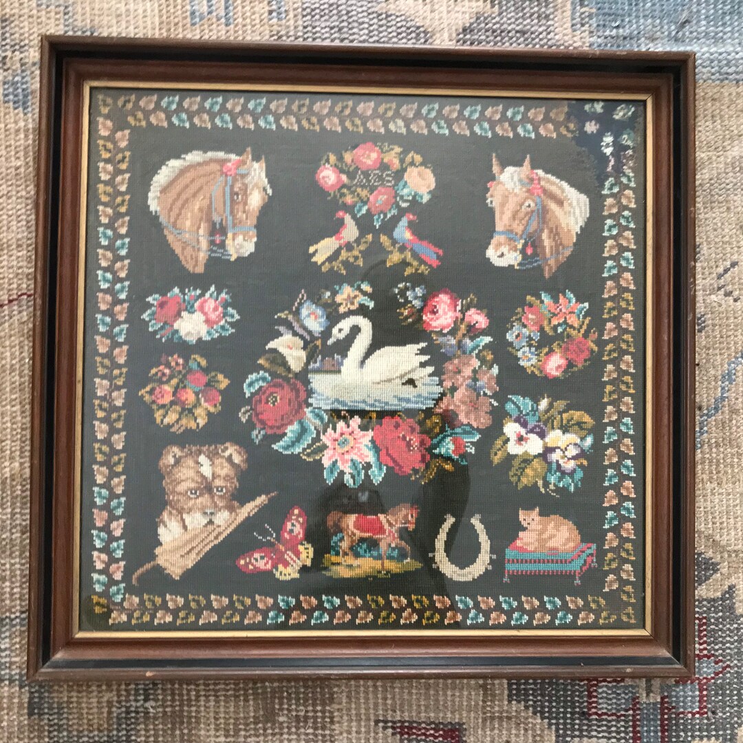 Antique Needlepoint Sampler Americana Berlin Work Embroidery Beadwork ...
