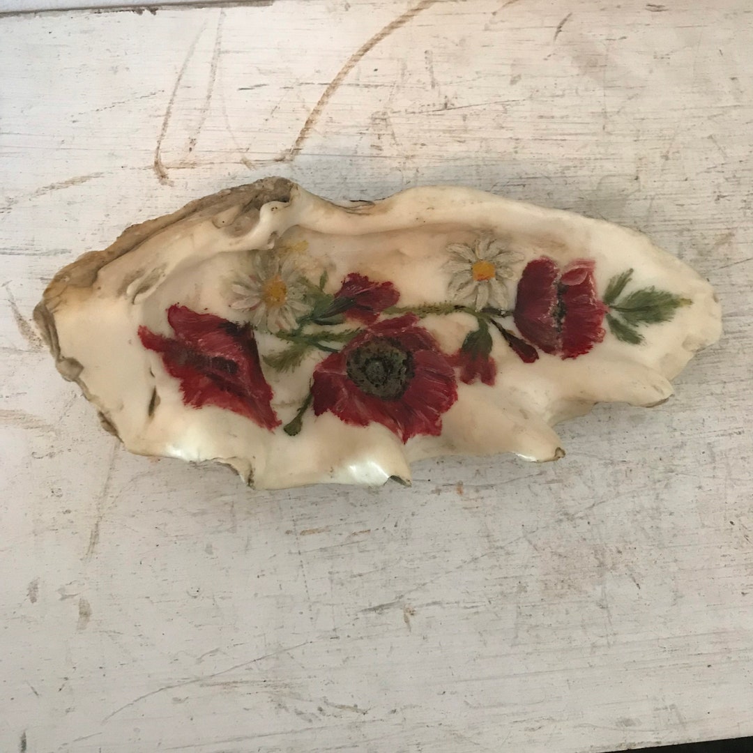 Antique Folk Art Clam Shell Painting Poppies Daisy Natural Curiosity ...