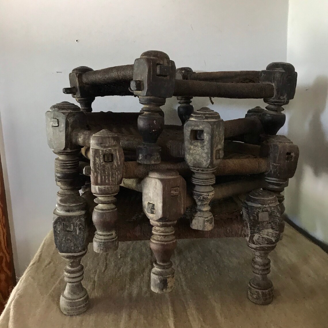 Antique Tribal Stool Indian Pidha Charpai Primitive Wood Rope Bench ...