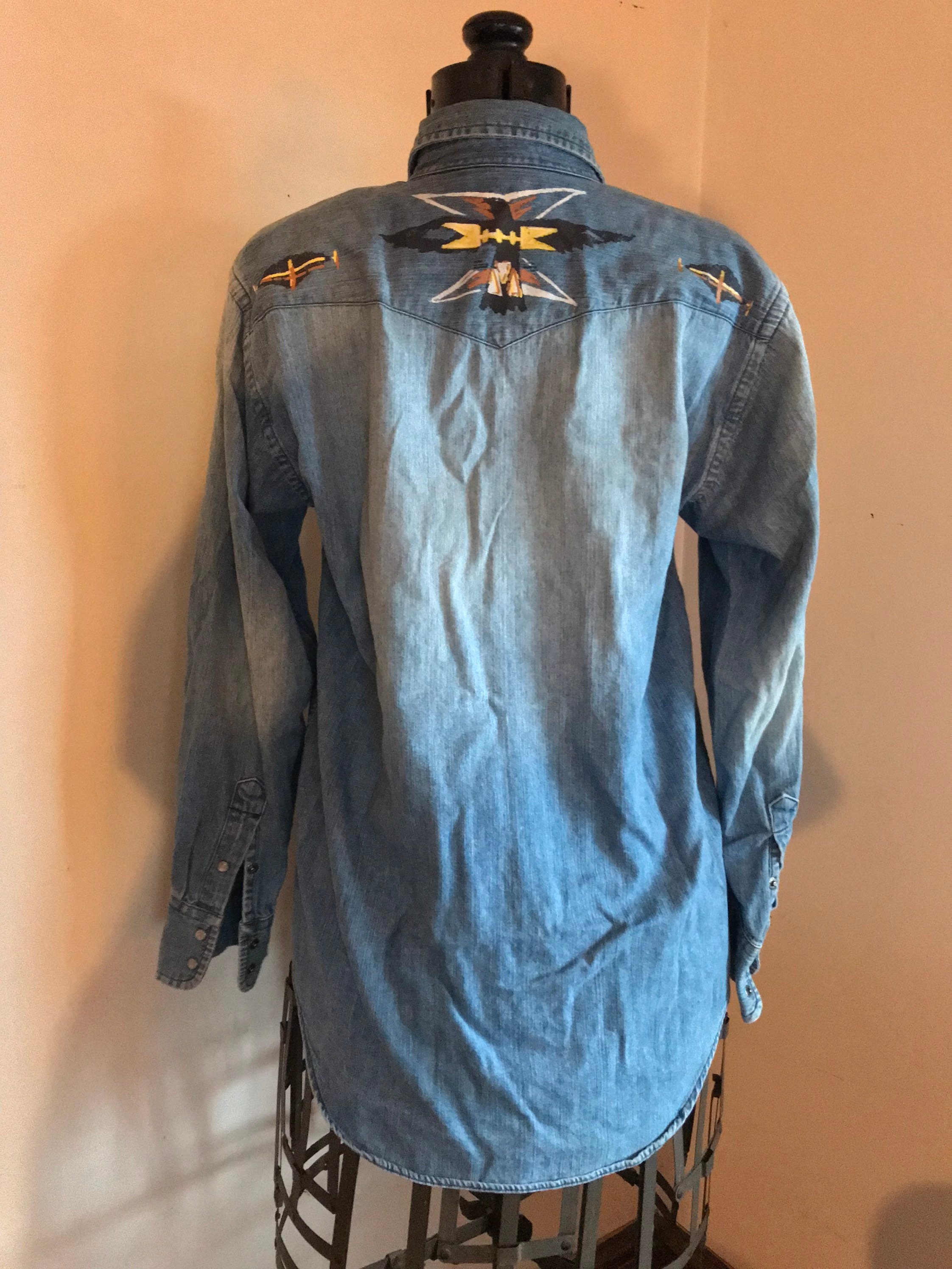 Vintage Ralph Lauren Western Shirt Snap Button Denim Shirt, Native American, Painted Eagle ...