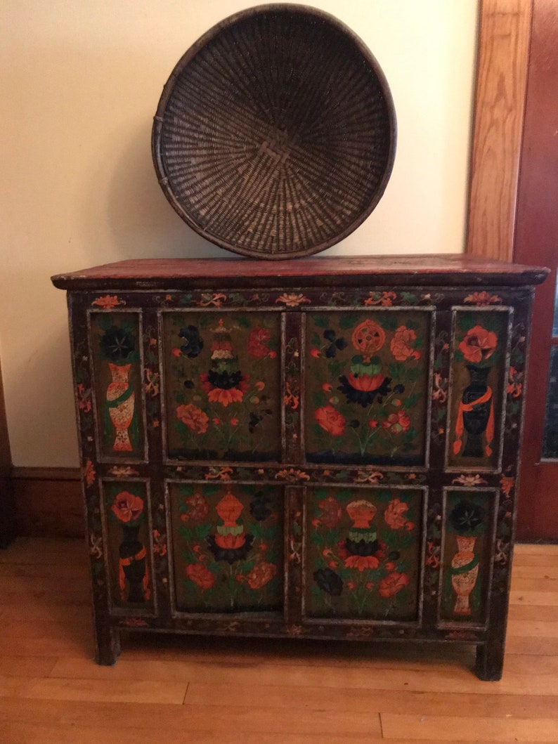 Antique Tibetan Chest Cabinet Furniture Tribal Polychrome Primitive ...