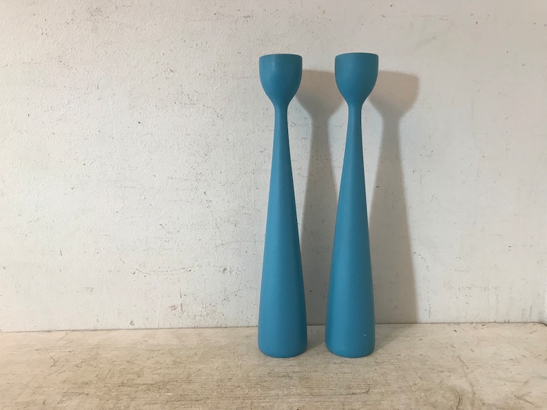 Antique Danish Candlesticks Painted Wood Blue Sculptural - Etsy