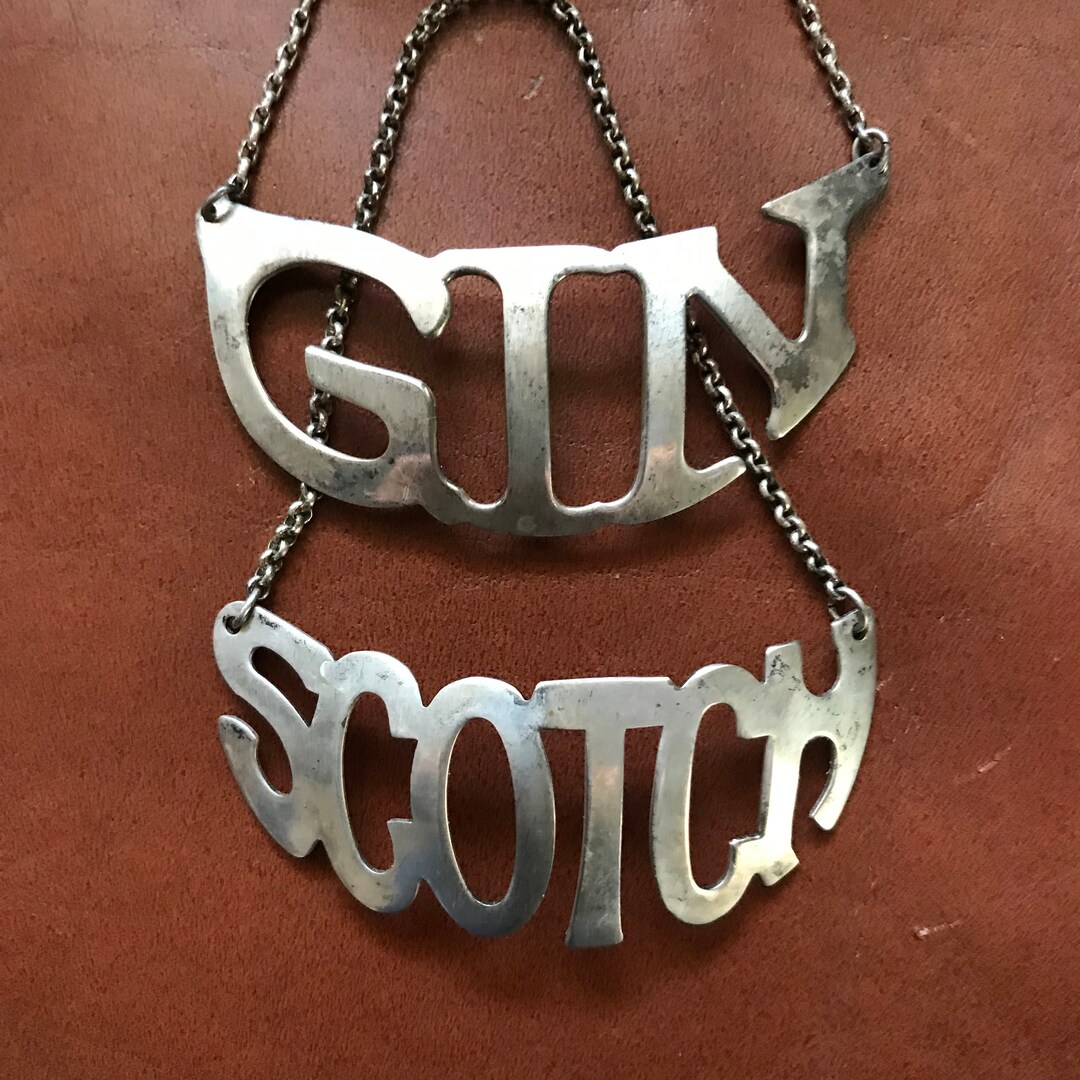 Antique Liquor Tags Scotch Gin Cocktail Silver Barware Mid Century ...