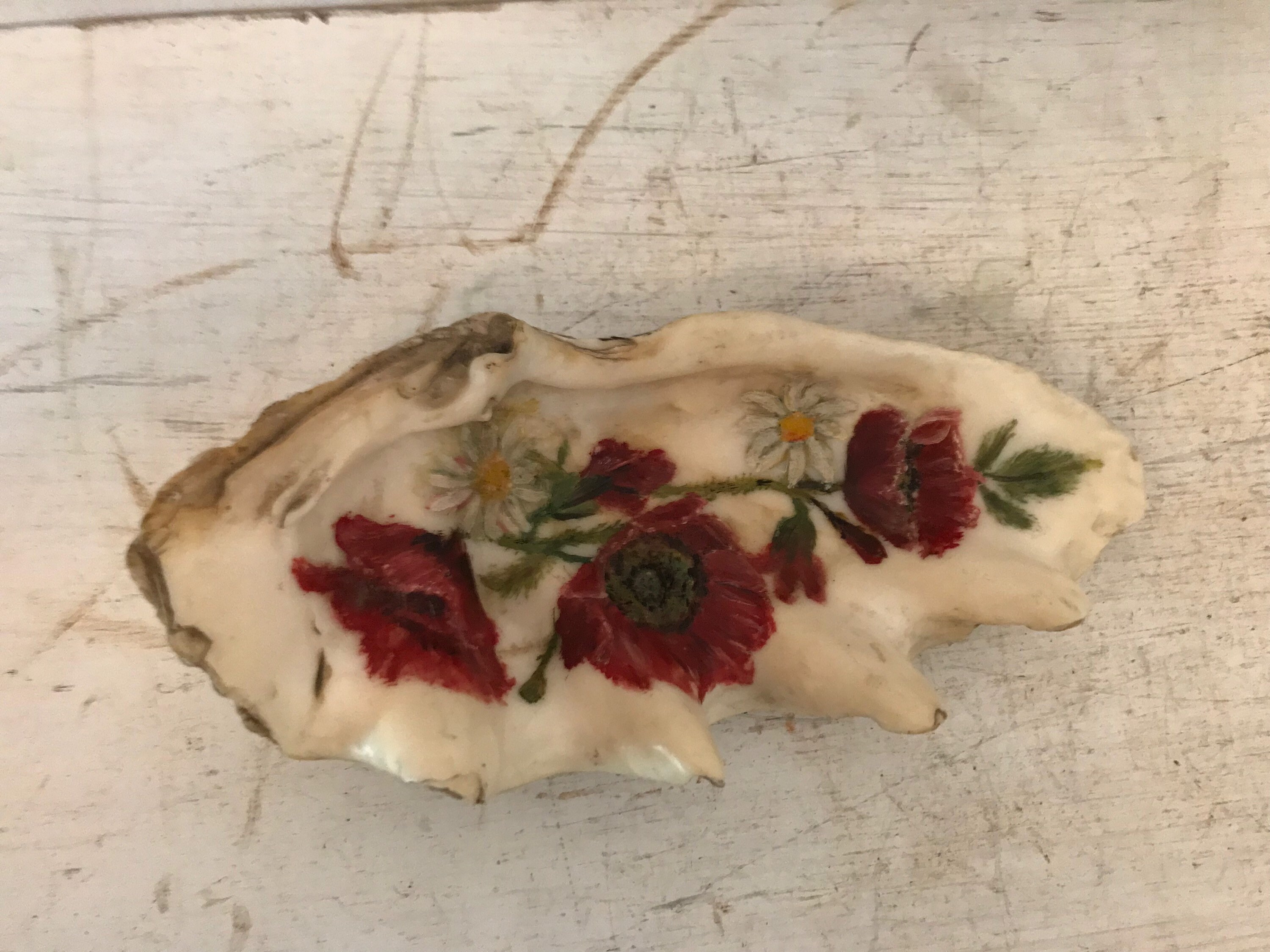 Antique Folk Art Clam Shell Painting Poppies Daisy Natural - Etsy