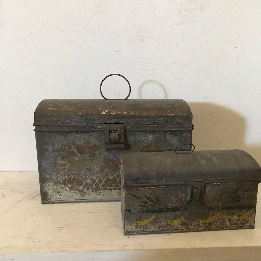 Antique Folk Art Metal Boxes Tole Box Document Flower Basket Trunk Tole ...