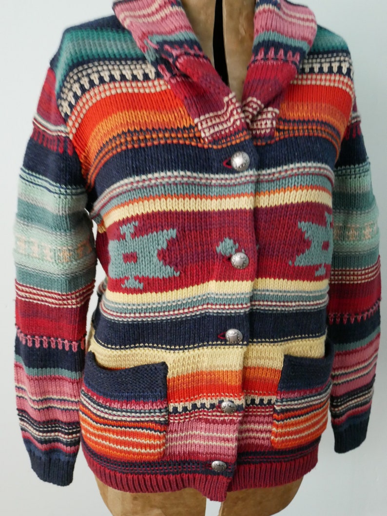 Vintage Ralph Lauren Hand Knit Cardigan Sweater Coat Shawl Cotton Serape Southwestern Navajo ...