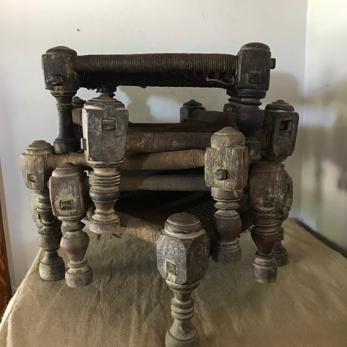 Antique Tribal Stool Indian Pidha Charpai Primitive Wood Rope Bench ...
