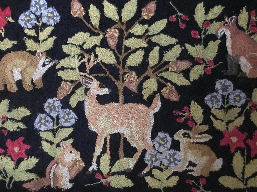 Mid Century Folk Art Hooked Forest Rug Woodland Deer Rug Bunny Rabbit Rug Squirrel Rug, Floral ...
