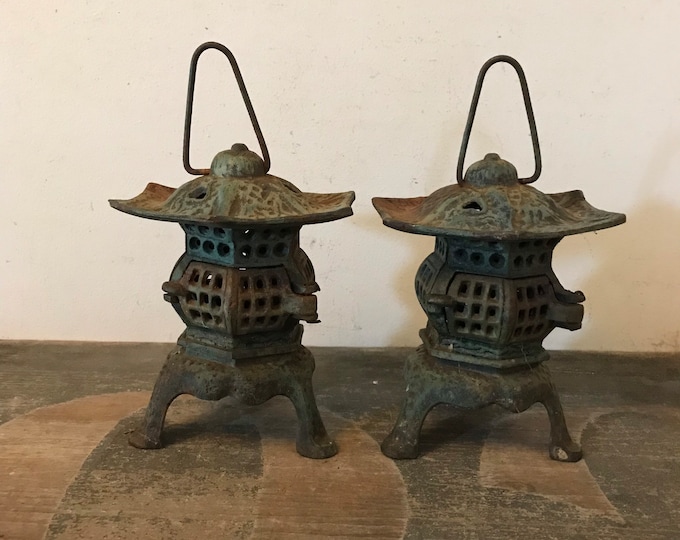 Antique Japanese Lanterns Cast Iron Garden Lighting Metal Mesh Rustic ...