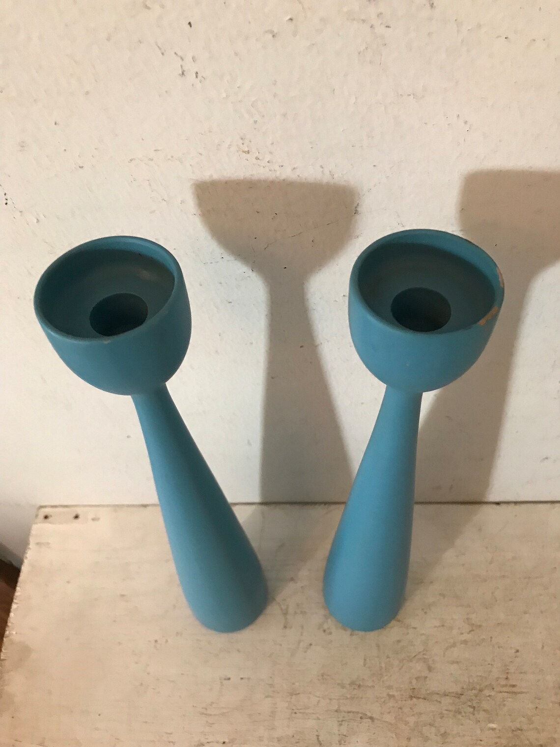 Antique Danish Candlesticks Painted Wood Blue Sculptural - Etsy