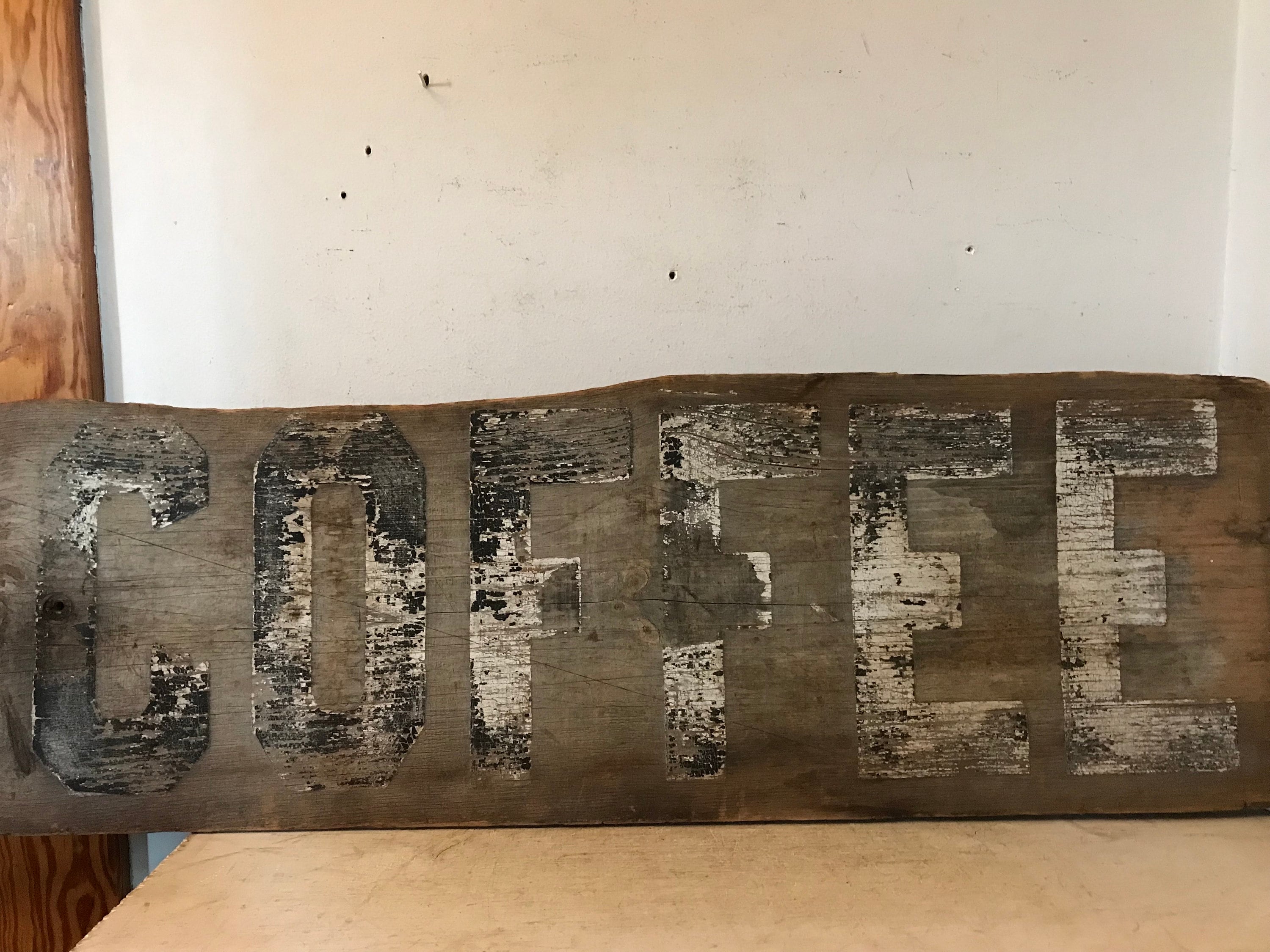 Antique Wood Sign Hot Coffee Take Out Sign Road Side Stand Mid Century ...