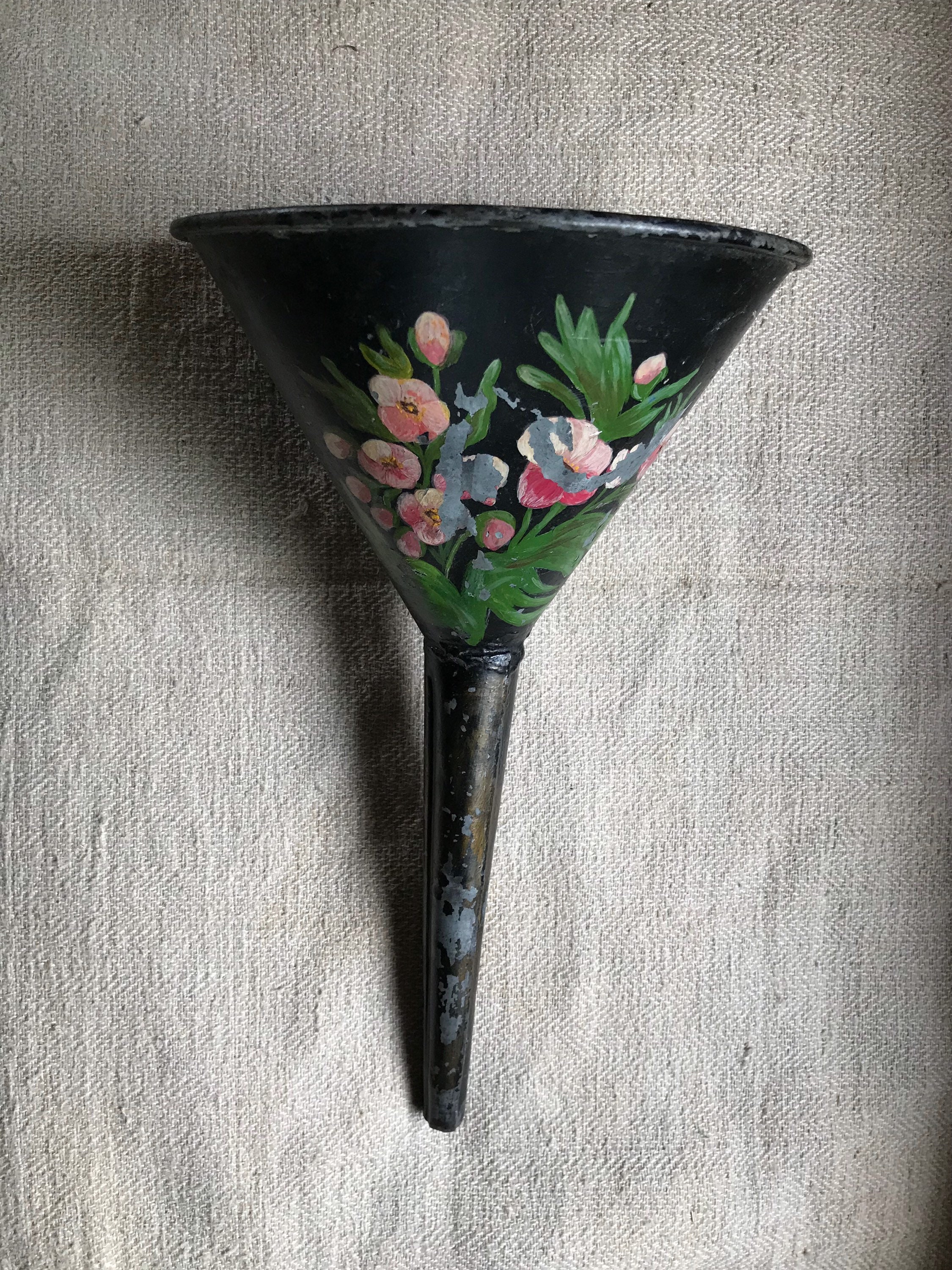 Rare Antique Folk Art Tole Painted Floral Funnel Garden Industrial ...