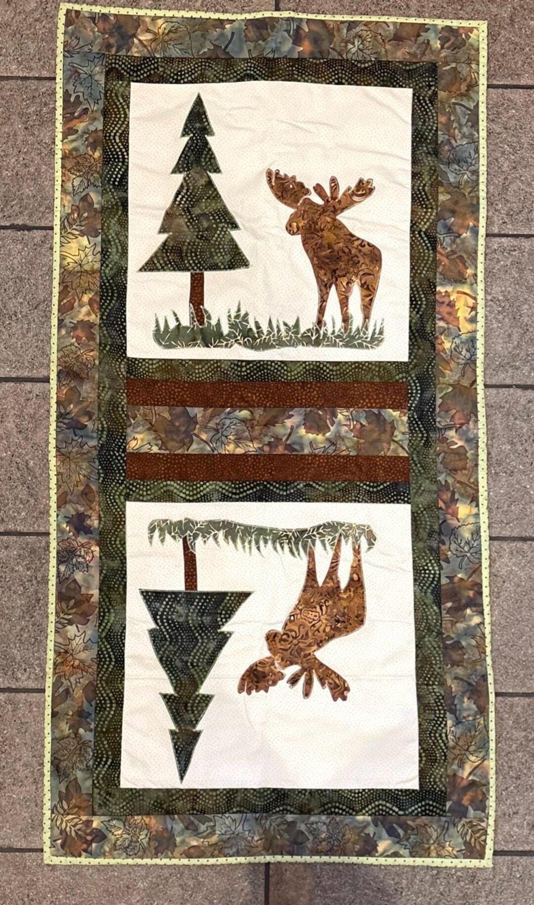 Rustic Handmade Quilted Applique Table Runner-moose-23x45-green/brown ...