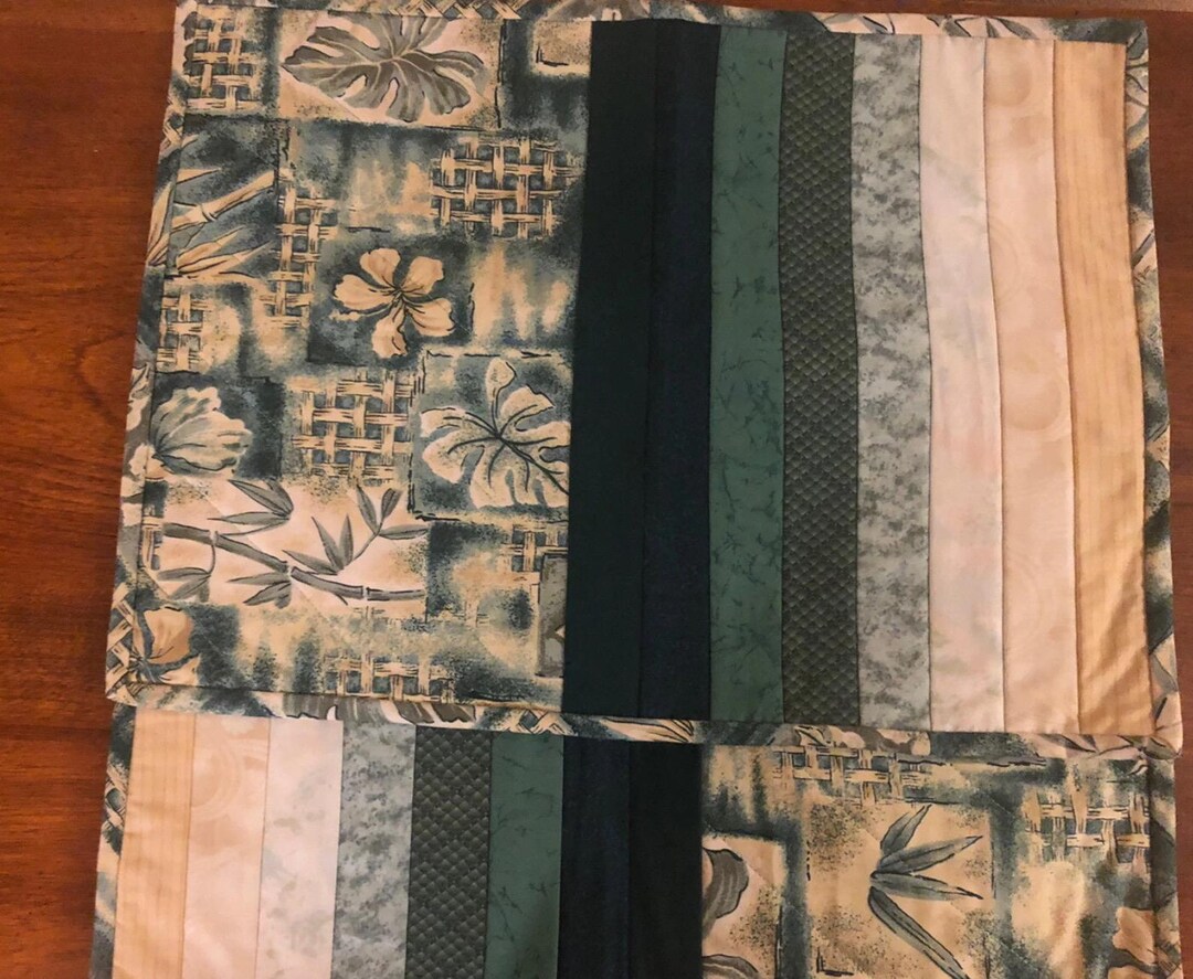 Set of 2 Handmade Quilted Pieced Placemats Green Stripe & Tropical 17 ...