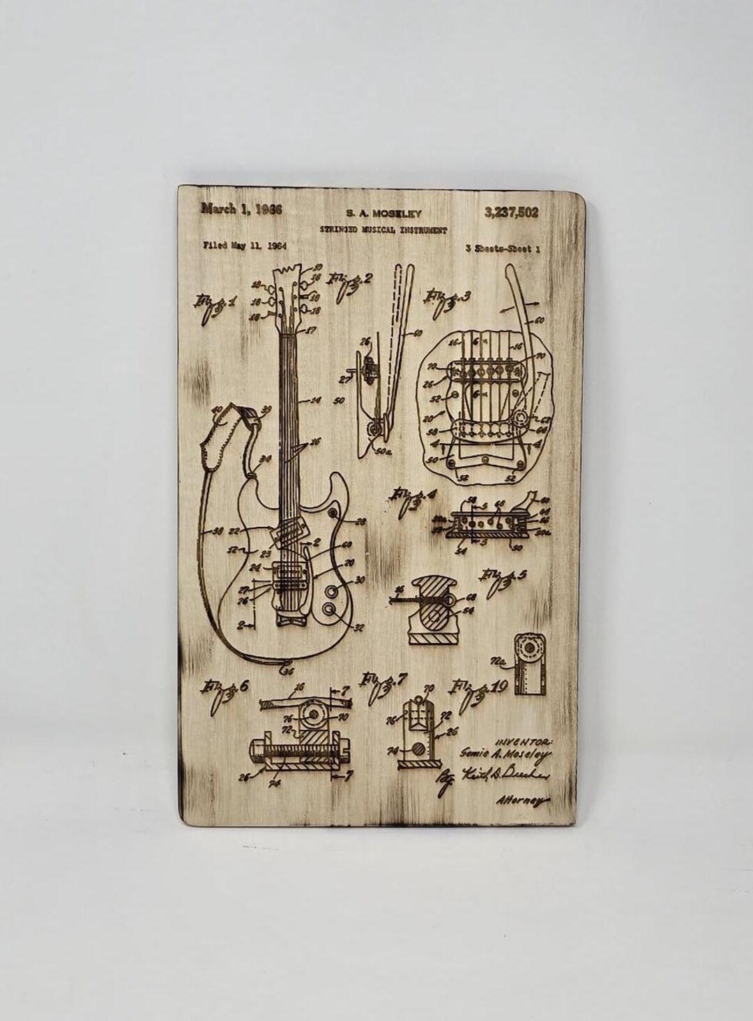 Moseley Guitar Patent Pyrography Wall Art – Handmade Wooden Engraving ...