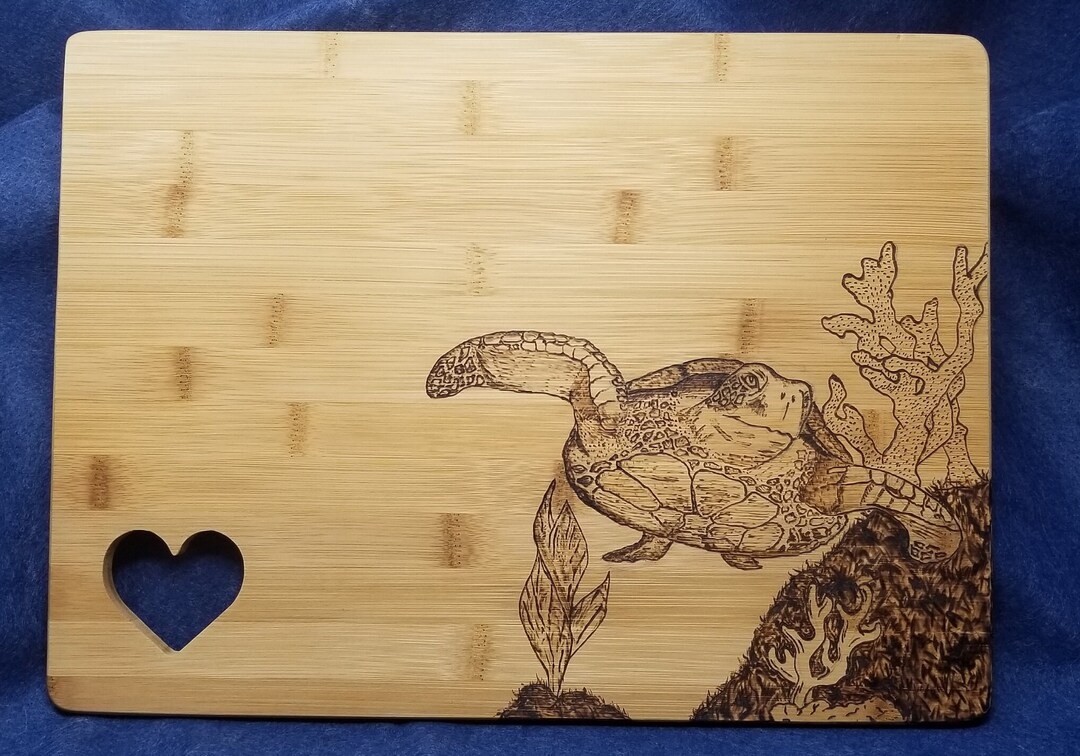 Sea Turtle Lifetime Art, Bamboo Cutting Board With Heart Hand Grip. Housewarming, Custom Hand ...