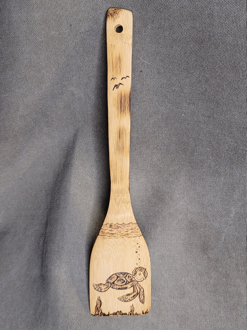 Playful Sea Turtle, Mixing Spoon/spatula Custom Pyrography Art Designed ...