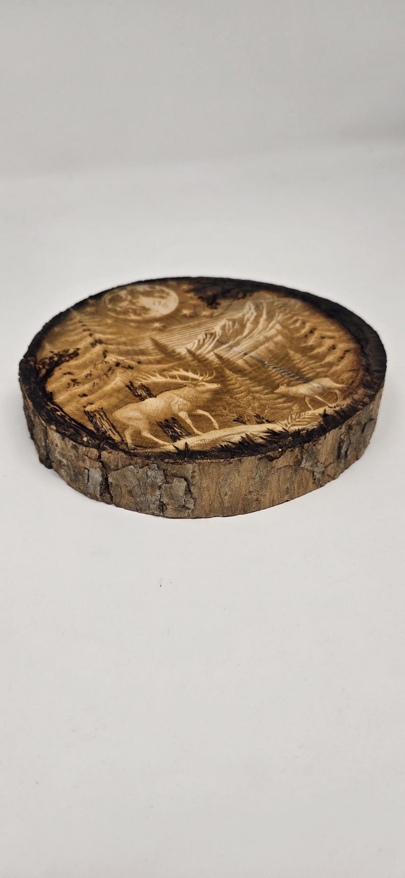 Handcrafted Pyrography Wood Slab Art: Stag, Moonlit Pines - Centerpiece ...